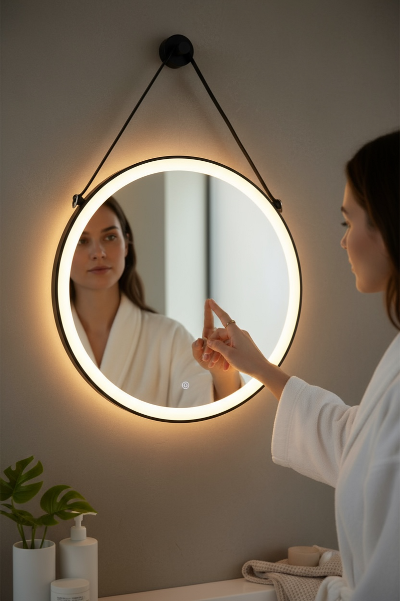 Round led mirror with black strap – Mirrorwalla