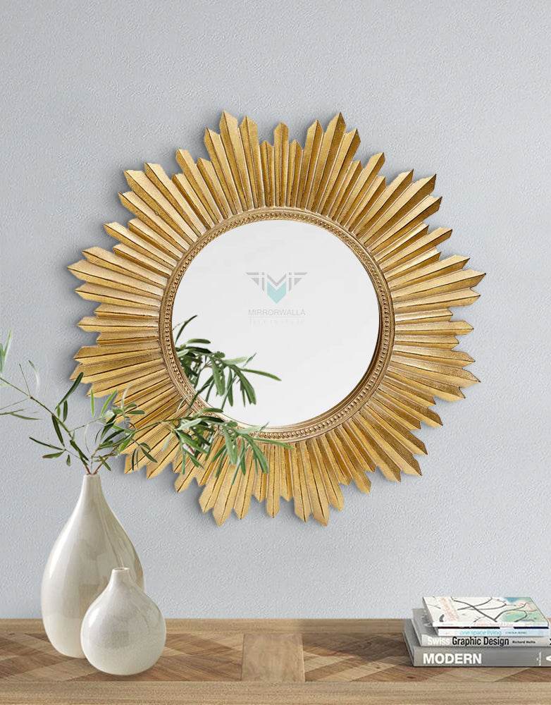 Golden Decorative Mirror | Round Shape Mirror - Mirrorwalla